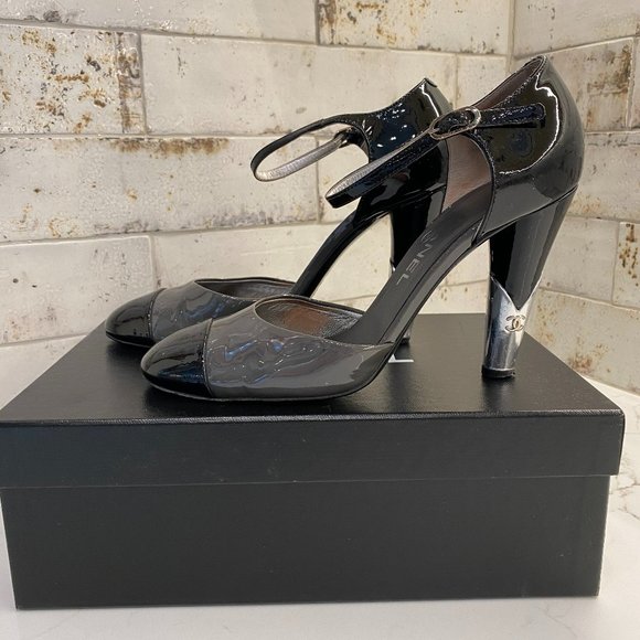 CHANEL | Shoes | Chanel Black Grey Patent Leather With Sliver Plated ...